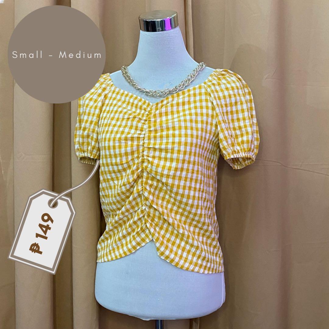 Yellow Gingham Top, Women's Fashion, Tops, Blouses on Carousell