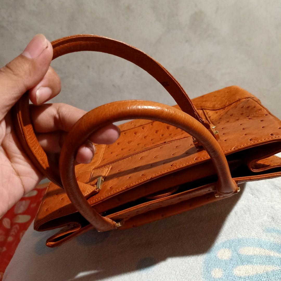 Cognac Color Genuine Ostrich Skin Handbag, Women's Fashion, Bags ...