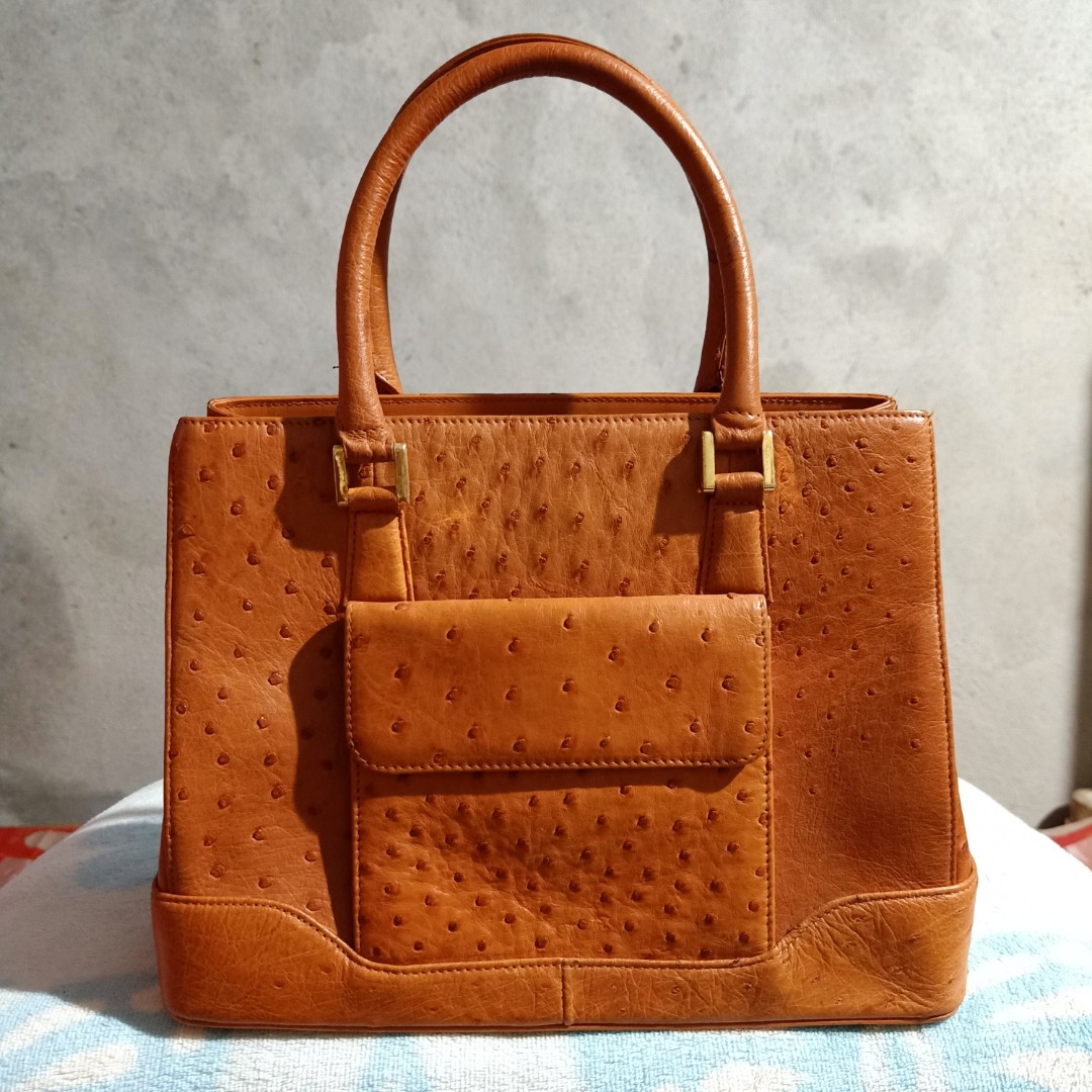Cognac Color Genuine Ostrich Skin Handbag, Women's Fashion, Bags ...