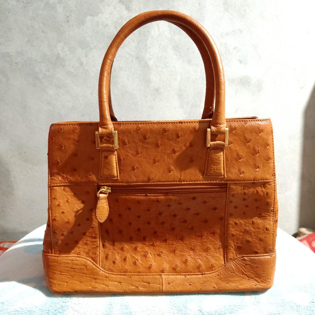 Cognac Color Genuine Ostrich Skin Handbag, Women's Fashion, Bags ...
