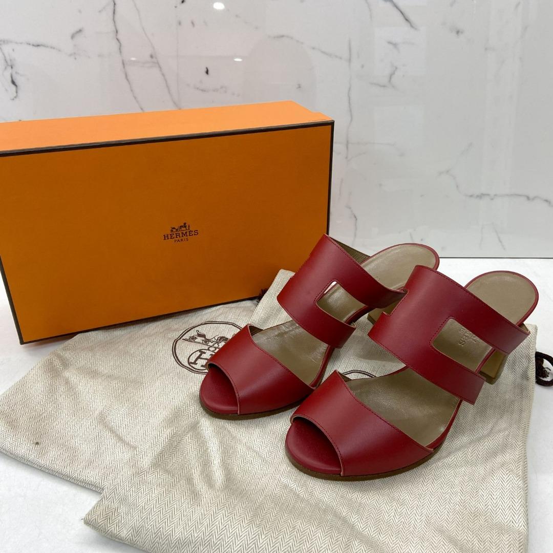 HERMES RED SEMELLE CUIR HEELS 227017740, Women's Fashion, Footwear ...