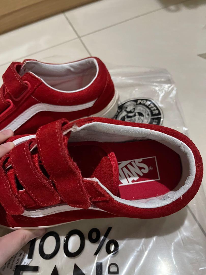 Vans Old Skool Velcro Red, Fesyen Pria, Sepatu , Sneakers di Carousell