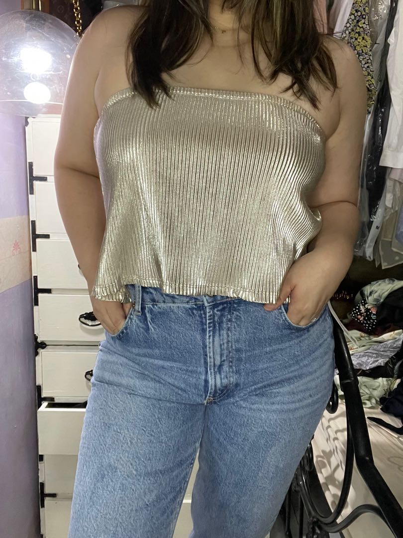 Folded n hung metallic tube top, Women's Fashion, Tops, Others Tops on ...