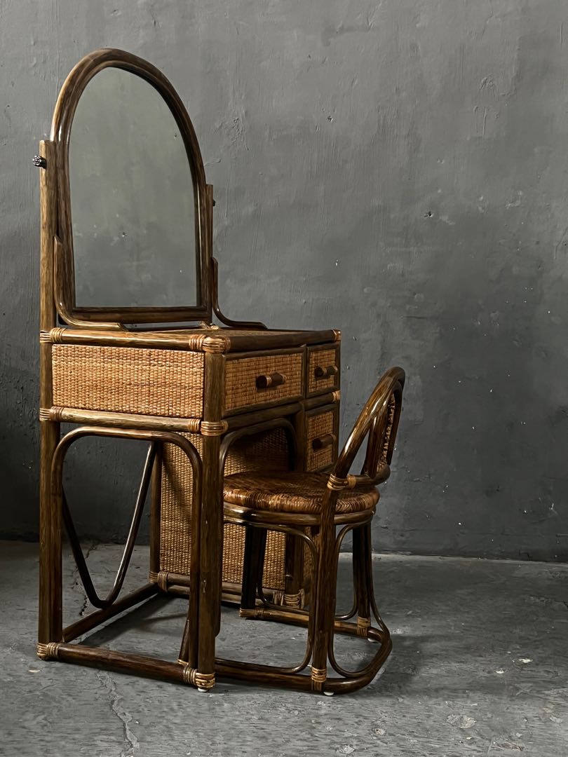 vintage boho rattan vanity desk set, Furniture & Home Living, Furniture ...