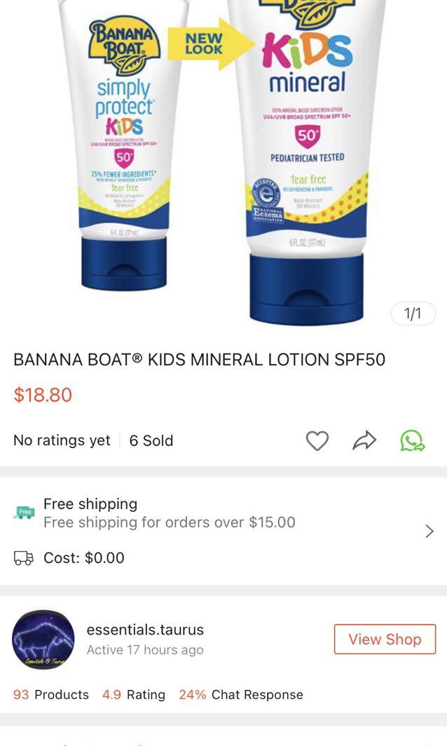 Banana Boat Kids Mineral Based Sunscreen Lotion PA++++ SPF50+, 90ml, Exp Sep22, Babies & Kids ...