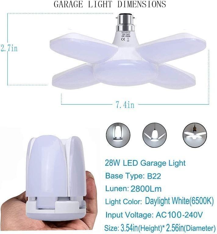 HZSANUE B22 Bayonet LED Garage Light 28W, Daylight White 6500K 2800Lm Deformable Workshop Lamp ...