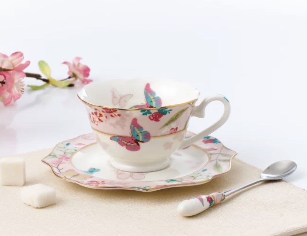 Pink Butterfly Coffee and Tea set with box, Furniture & Home Living ...