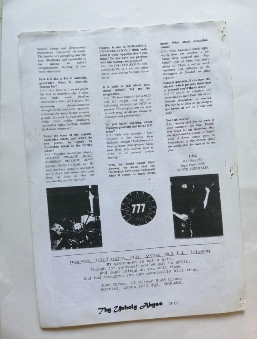 THE UNHOLY ABYSS ZINE ISSUE #5 RELEASE MAC 1998 (36PAGES) ORIGINAL ...