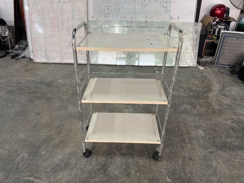 Wooden Top Metal Frame Trolley 3 Tier White Colour / Troli Rangka Logam ...