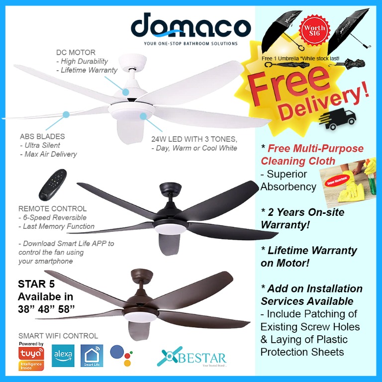Bestar Star 5 DC Ceiling Fan With 24W 3 Tone LED Light Kit And Smart ...