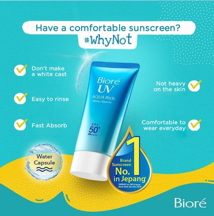 BIORE UV AQUA RICH Sun cream SPF 50+, Beauty & Personal Care, Bath ...