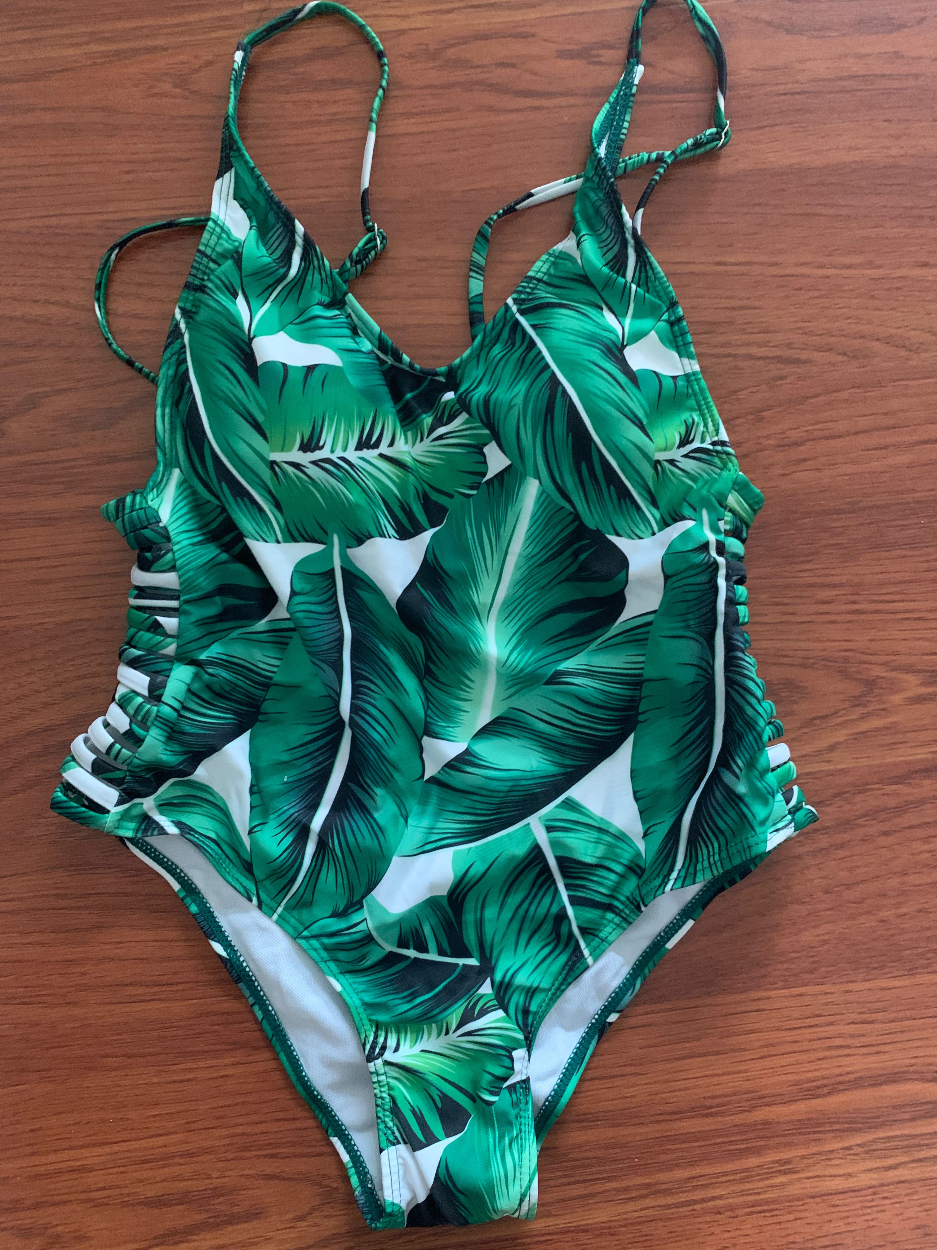 Green leaf design one piece monokini, Women's Fashion, Swimwear ...