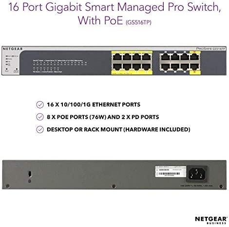 NETGEAR 16-Port Gigabit Ethernet Smart Managed Pro PoE Switch (GS516TP ...