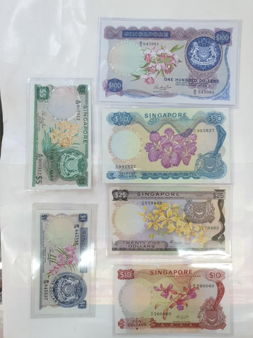 Singapore Orchid Notes Set ($1, $5, $10, $50, $100 - no chop), ($25 ...