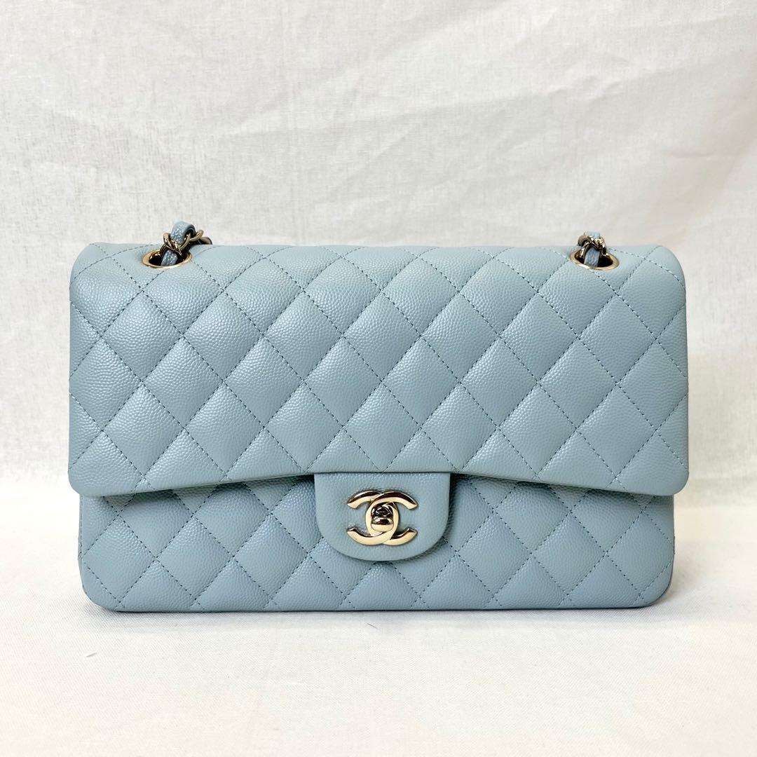 Authentic Chanel Classic Flap Medium 22P Light Blue NG752 in Caviar and ...