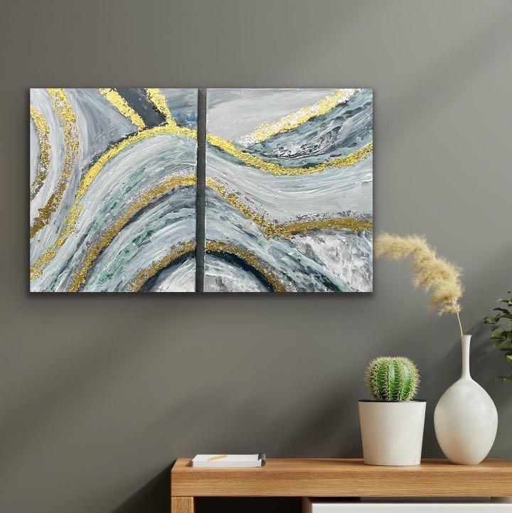 Abstract Art Two Panel Painting Gold, Hobbies & Toys, Stationary ...