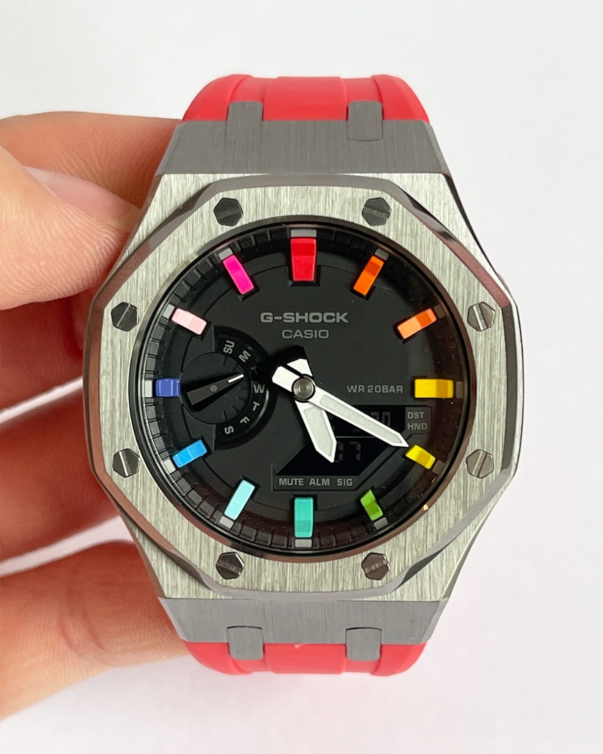 Casioak GA-2100 Rainbow Series in titanium grey bezel red strap, Men's ...