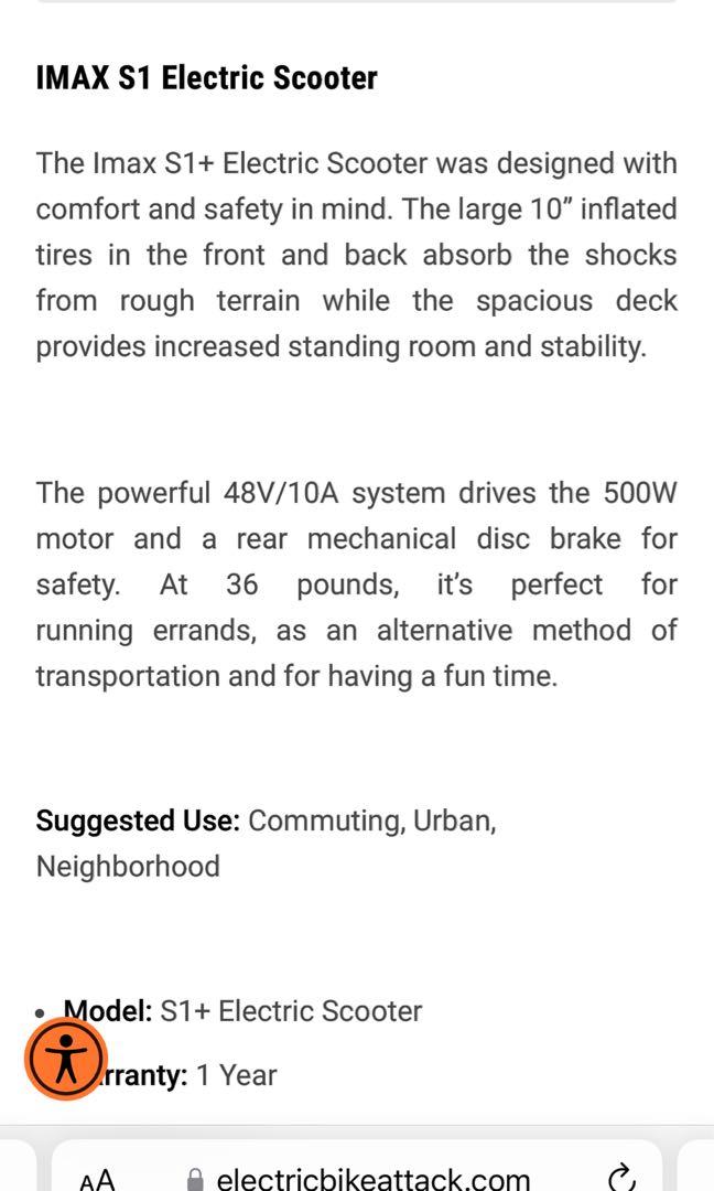 IMAX S1+ Electric Scooter, Sports Equipment, PMDs, E-Scooters & E-Bikes, E-Scooters & E-Bikes on ...