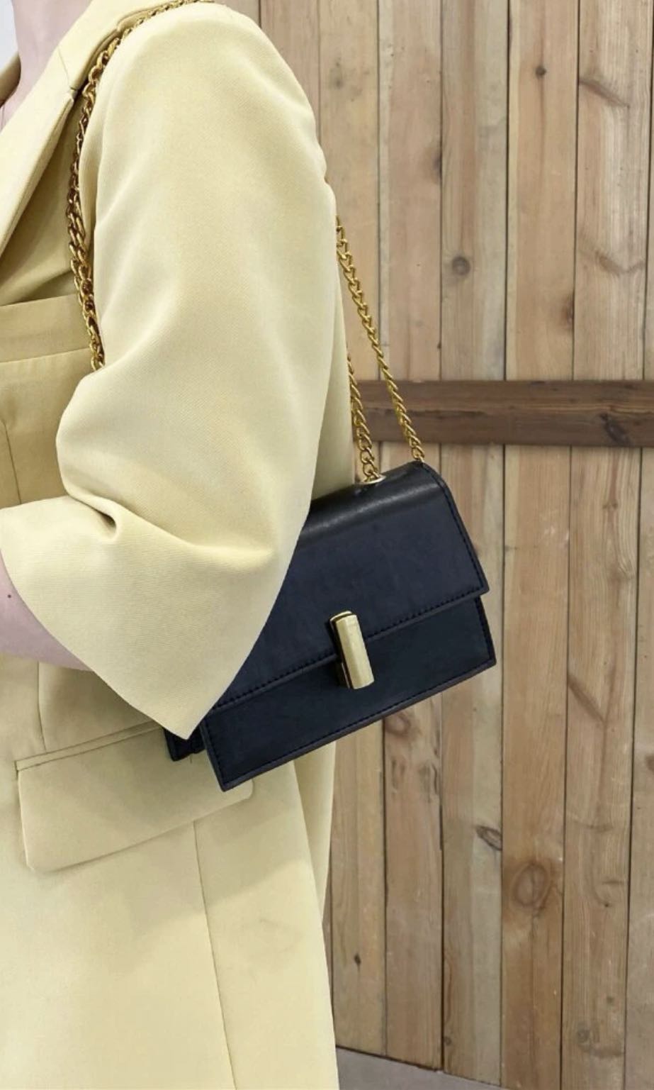 Minimalist black flap shoulder bag with gold details, Women's Fashion ...