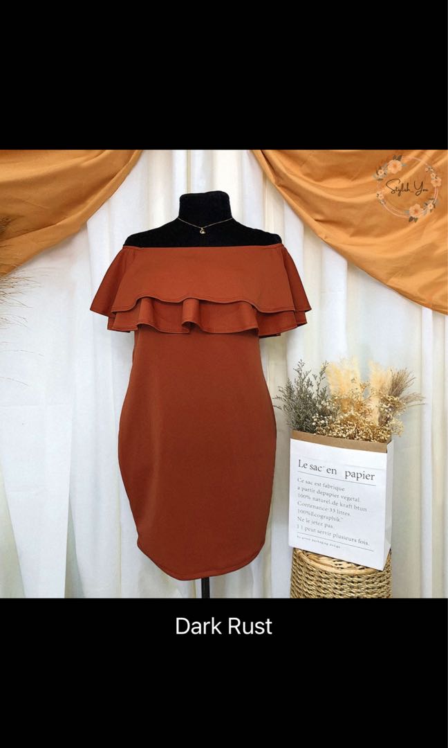 Dark rust plus size formal ruffled offshoulder, Women's Fashion ...