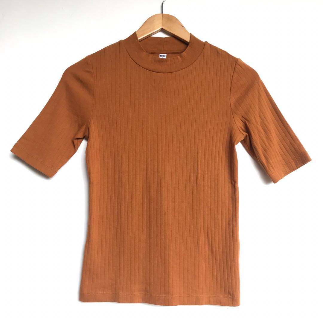 Uniqlo Ribbed Bright Tan High Neck Top, Women's Fashion, Tops, Blouses ...