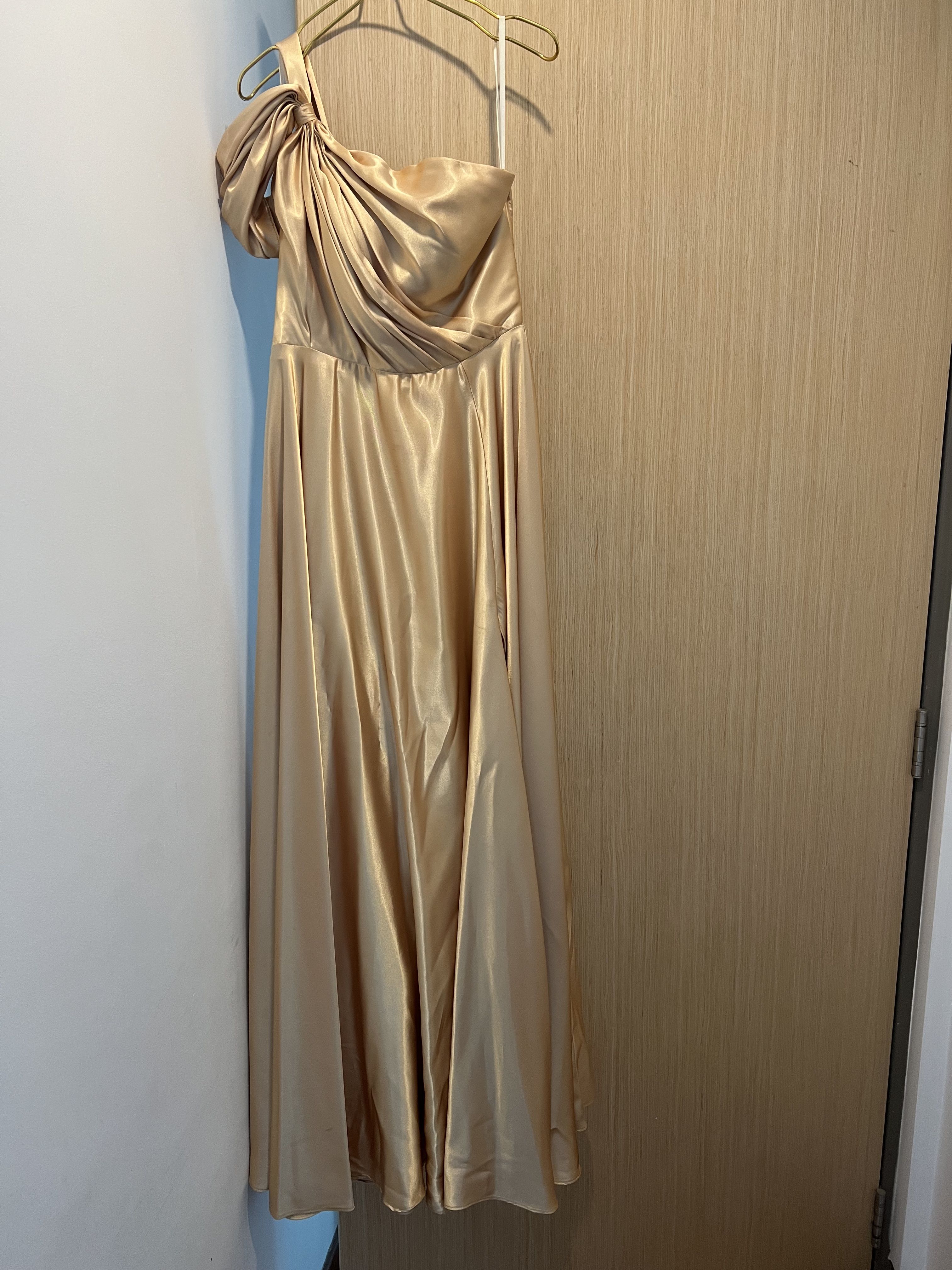 Gold Satin Evening Gown, Women's Fashion, Dresses & Sets, Evening ...