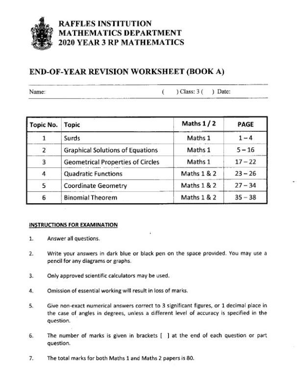 RI Sec 1 / Sec 2 / Sec 3 / Sec 4 / IP / Integrated programme / O level ...