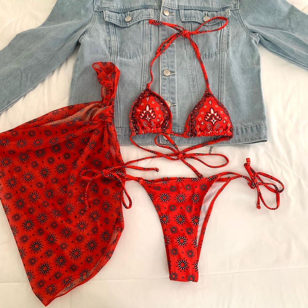 shein red swimsuit with cover up, Women's Fashion, Swimwear, Bikinis ...