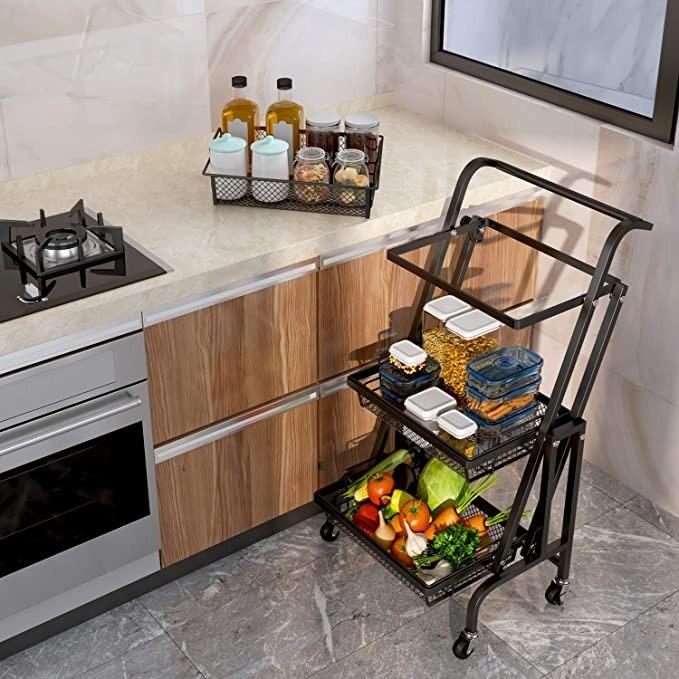 3 Layer Kitchen Trolley Adjustable Cart 180° Tilting Movable Home Shelf ...