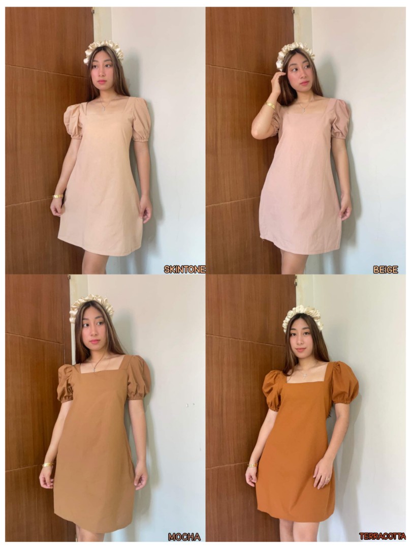 EARTH TONE / NEUTRAL COLORED PUFFSLEEVES MINI DRESS, Women's Fashion ...