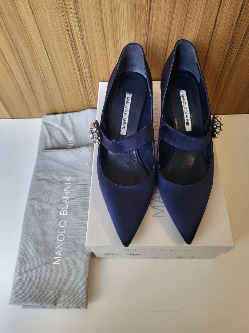 Manolo Blahnik Verna Navy Satin Crystal-Buckle Mary Jane Pump 39 ...