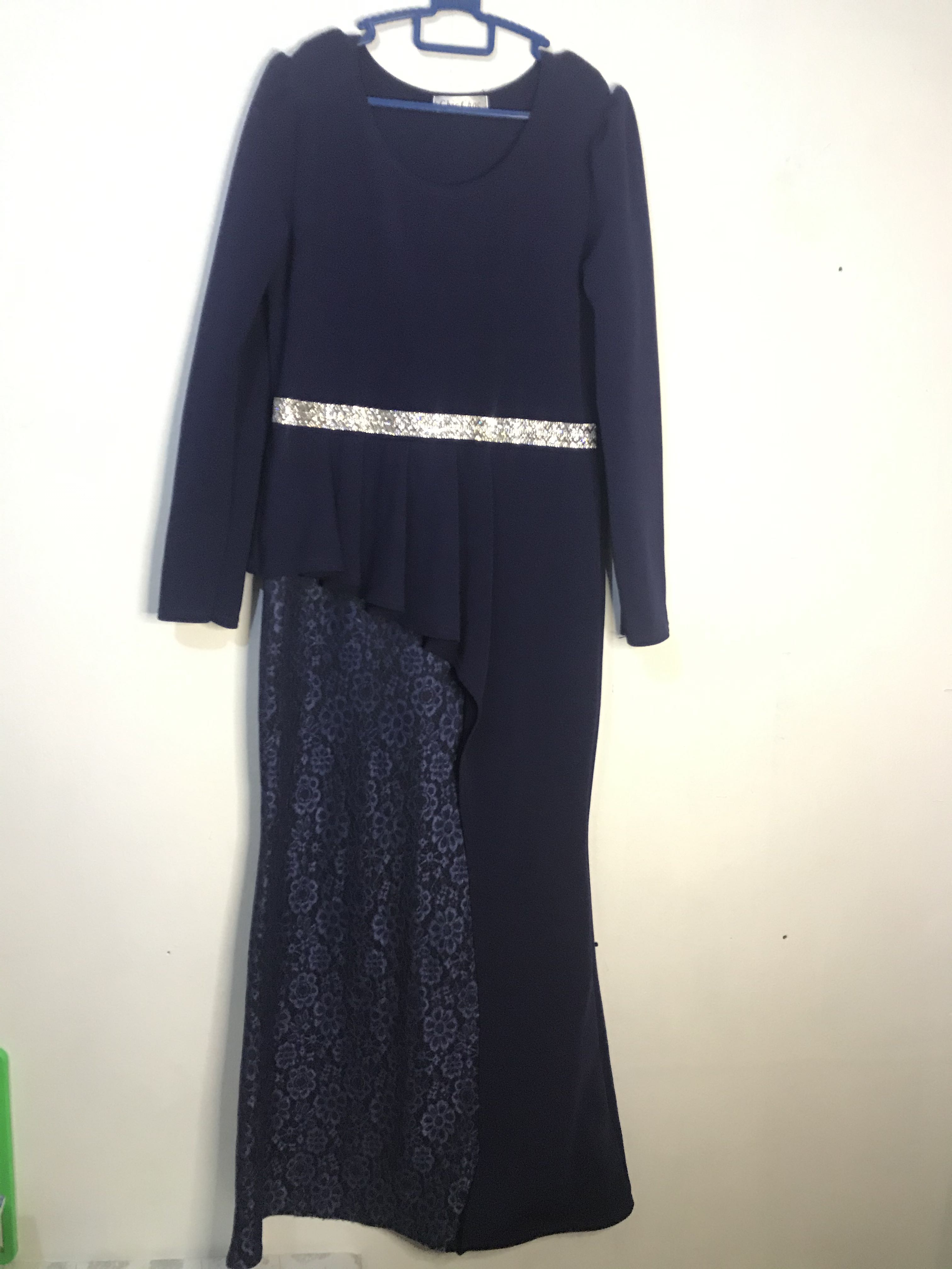 NAVY BLUE BIRU GELAP LACE GLITTER LONG DRESS , Women's Fashion ...