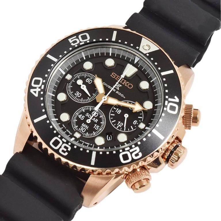 Seiko Prospex Rose Gold Solar Chronograph Watch with Silicone Strap ...