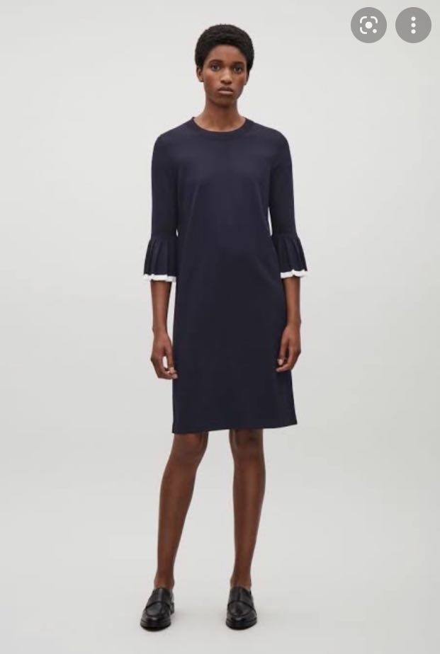 COS knitted navy blue dress with pleated sleeves, Women's Fashion ...