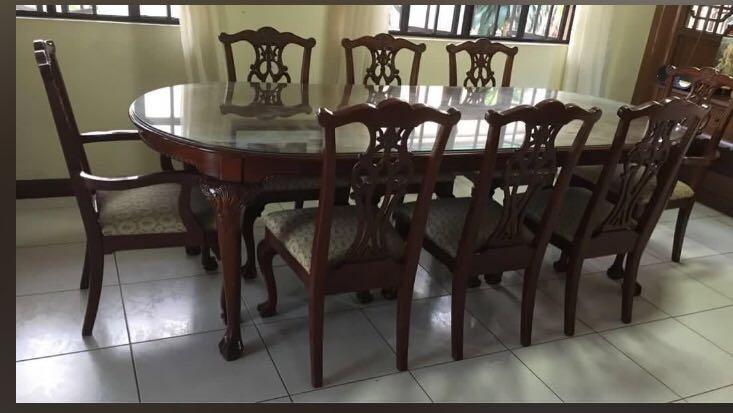 Narra 8-seater dining table & chairs with glass top, Furniture & Home ...