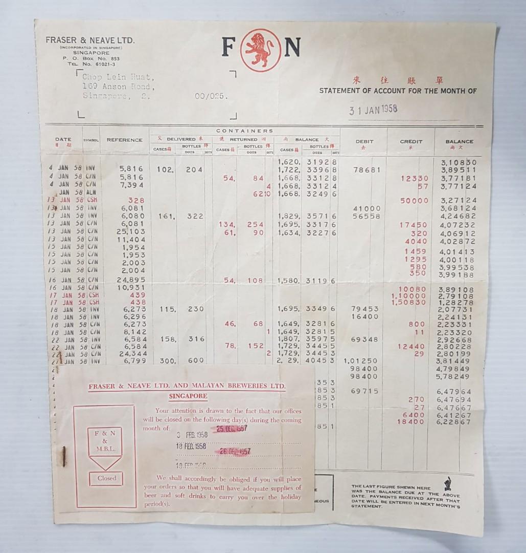 1958 F&N Fraser and Neave statement of account to Vendor paper, Hobbies ...