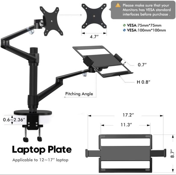 Monitor and Laptop Mount, 2-in-1 Adjustable Dual Monitor Arm Desk ...