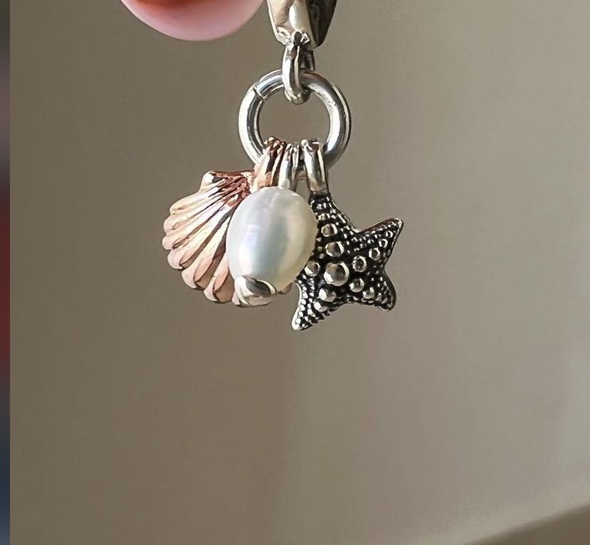 PANDORA TRIPLE DANGLE BAROQUE PEARL/STARFISH AND SHELL CHARM, Women's ...