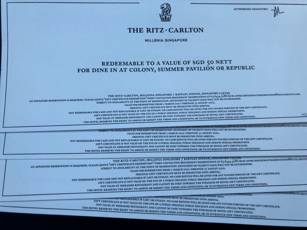 Ritz Carlton dinning vouchers $200 value ($50x4), Tickets & Vouchers ...