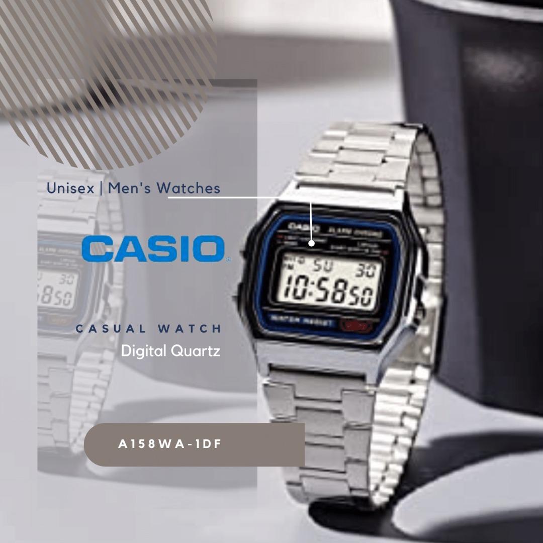 CASIO Retro-sporty Classic Digital Watch for Men or Women A158WA-1DF Silver Clasp Band, Men's ...