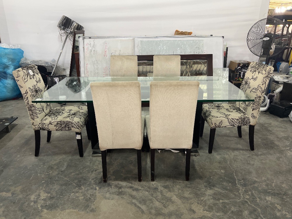 Glass Top Rectangular Dining Table with 6 Fabric Chair Set / Meja Makan ...