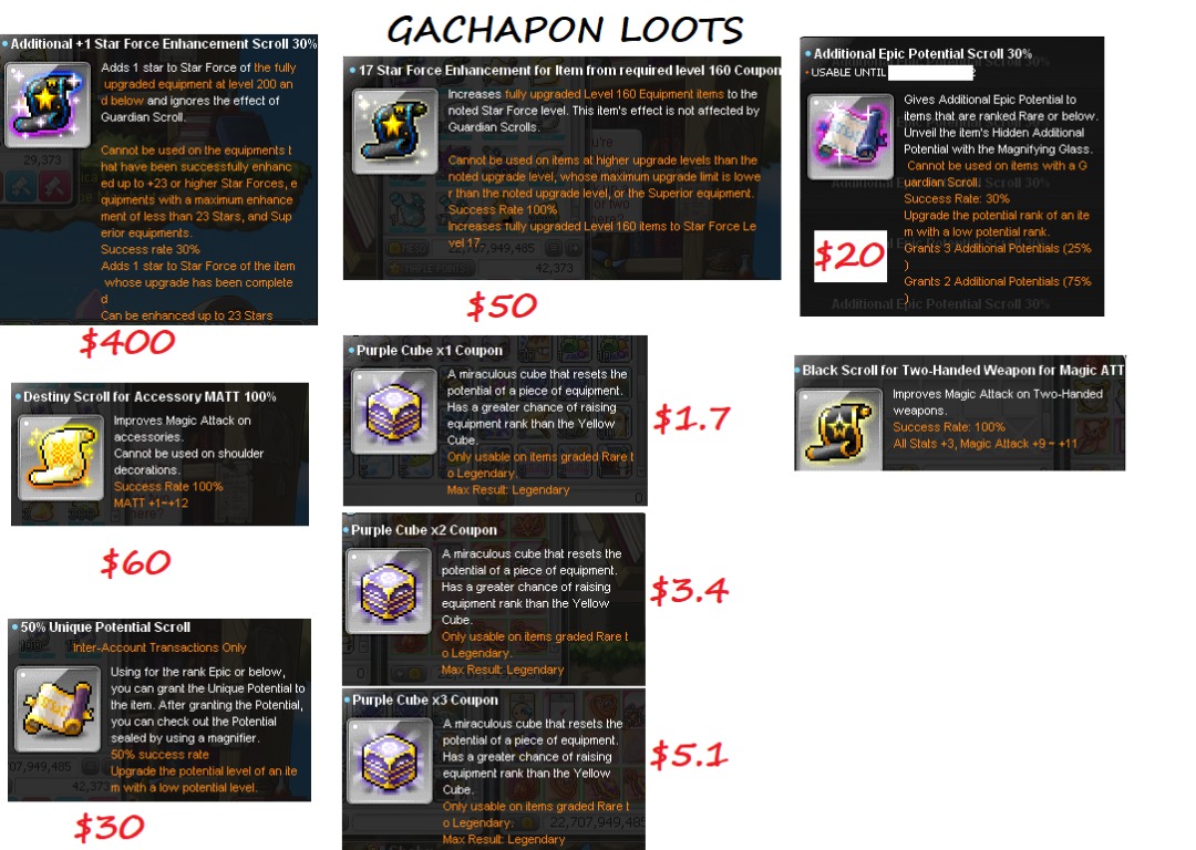 MapleSEA Aquila GACHAPON Loots / Purple Cubes / Destiny Scroll / Black ...