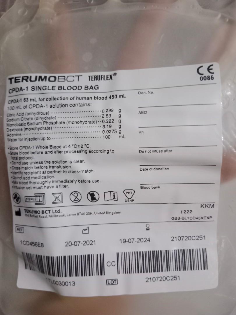 Terumo CPDA-1 Single Blood Bag, Health & Nutrition, Medical Supplies ...