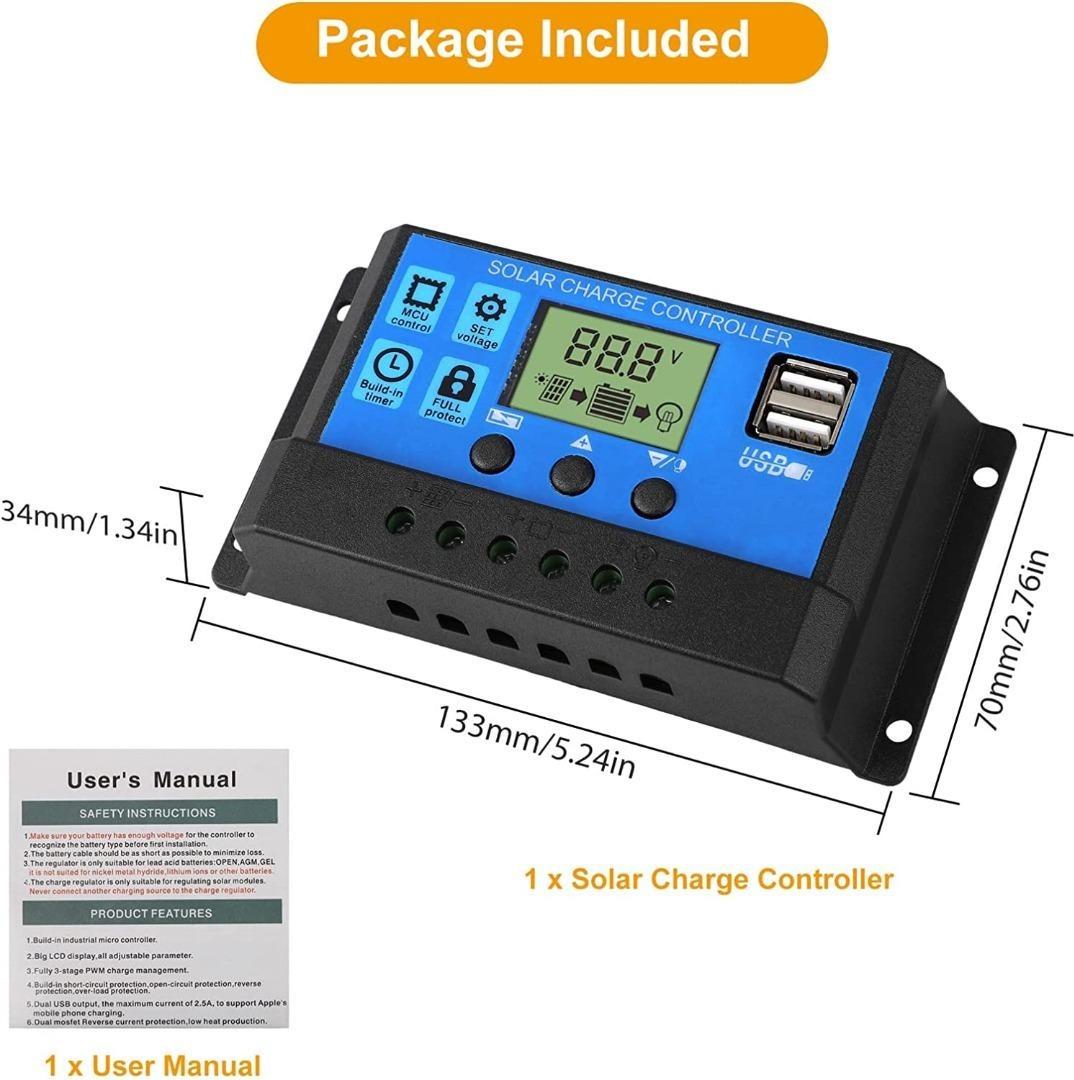 20A Solar Charge Controller, 12V/24V Solar Panel Battery Intelligent Regulator with Dual USB ...