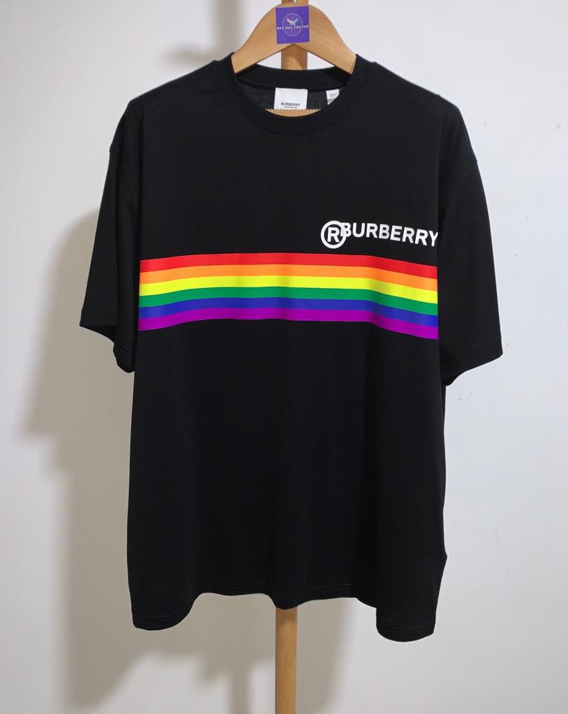 BURBERRY RAINBOW STRIPE LOGO BLACK TEE, Men's Fashion, Tops & Sets ...