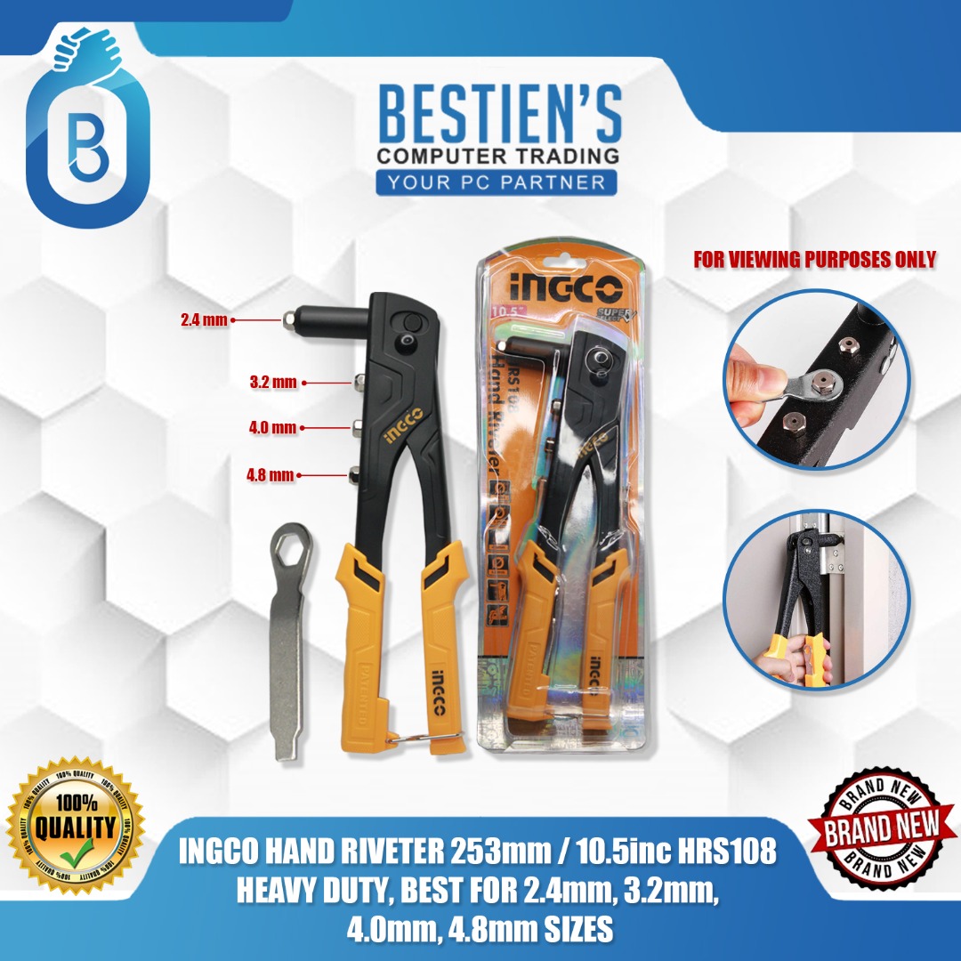 INGCO HAND RIVETER 253mm / 10.5inc HRS108 HEAVY DUTY, BEST FOR 2.4mm, 3 ...