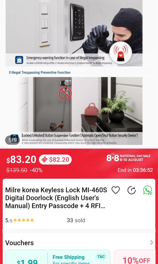 Milre Keyless Lock MI-450S Digital Doorlock Entry Passcode 4 RFID Cards 2Way, Furniture & Home ...