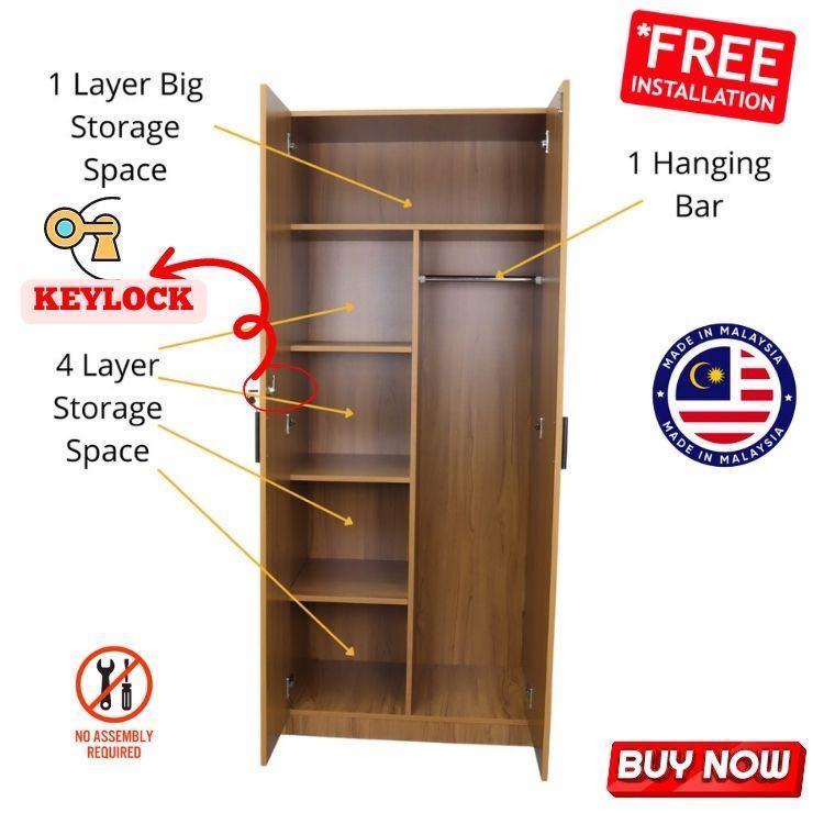 (Siap Pasang) Wardrobe Cabinet with Lock 2 Door Cupboard Almari Baju ...