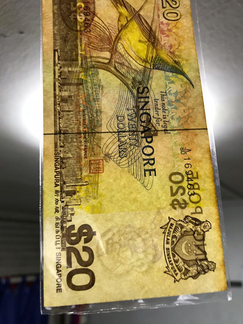 Singapore Bird Series $20 AUNC crispy note with minor fixing top right ...