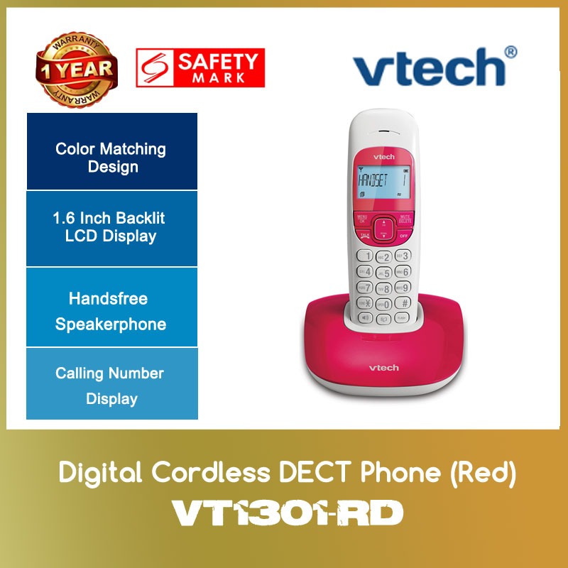 VTECH VT1301-RD Digital Cordless DECT Phone for Home Office (Red) WITH ...